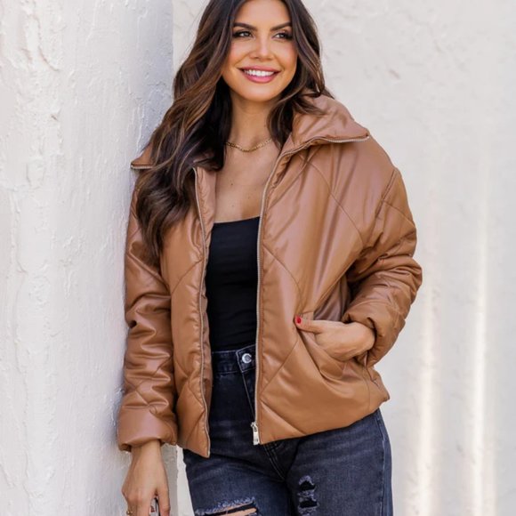 Pink Lily | Jackets & Coats | Brown Quilted Faux Leather Jacket From Pink Lily | Poshmark